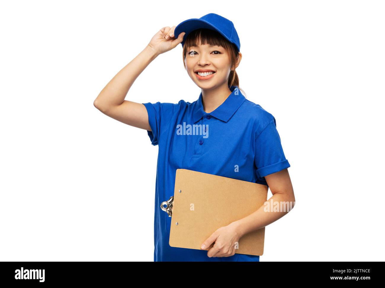 happy delivery woman with clipboard Stock Photo - Alamy