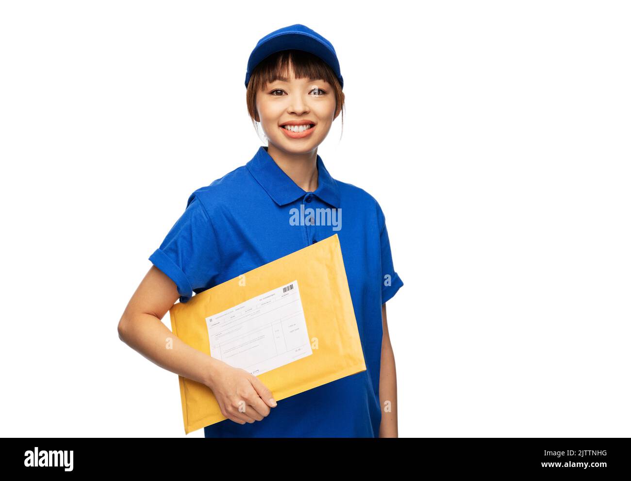 happy delivery woman holding parcel envelope Stock Photo - Alamy