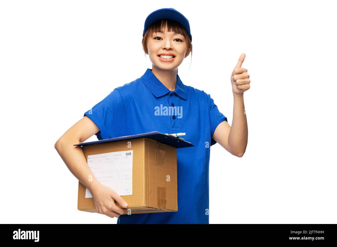 delivery woman with parcel box showing thumbs up Stock Photo - Alamy