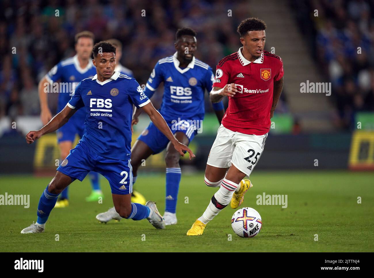 Manchester United's Jadon Sancho and Leicester City's James Justin ...