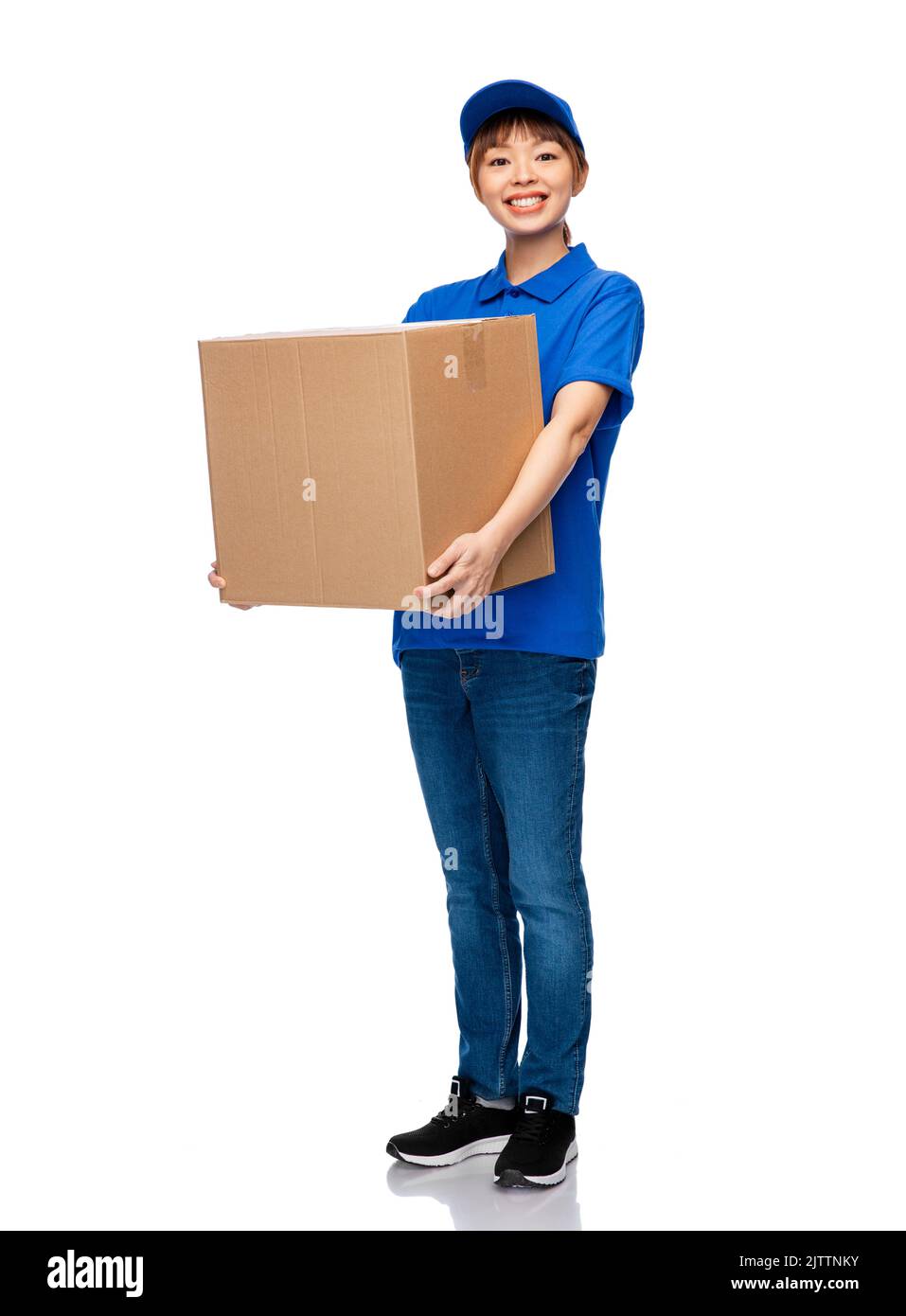 delivery woman in blue uniform with parcel box Stock Photo - Alamy