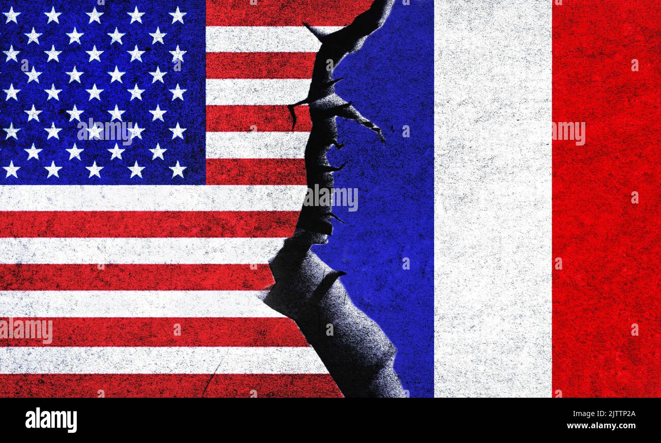 USA vs France flags on a wall with a crack. France and United States of ...