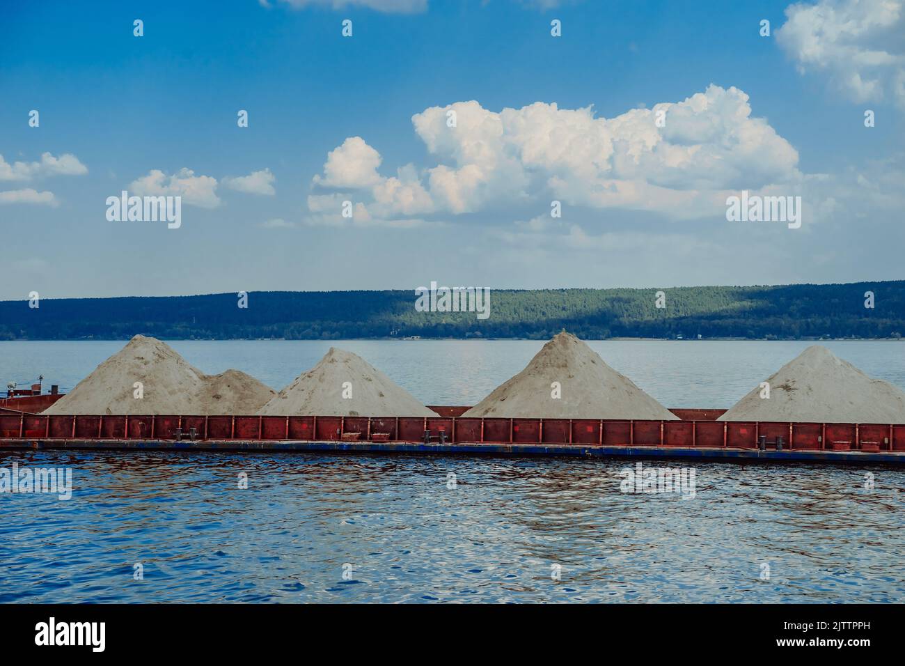 Barges with sand. The barge transports sand along the Volga river ...
