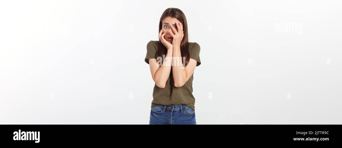 Close up photo beautiful lady arms hands raised hiding amazed full fear ...