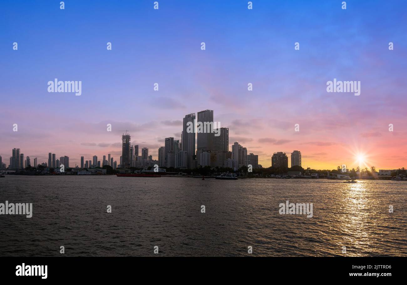 Colombia, scenic Cartagena bay Bocagrande and panorama of city skyline ...