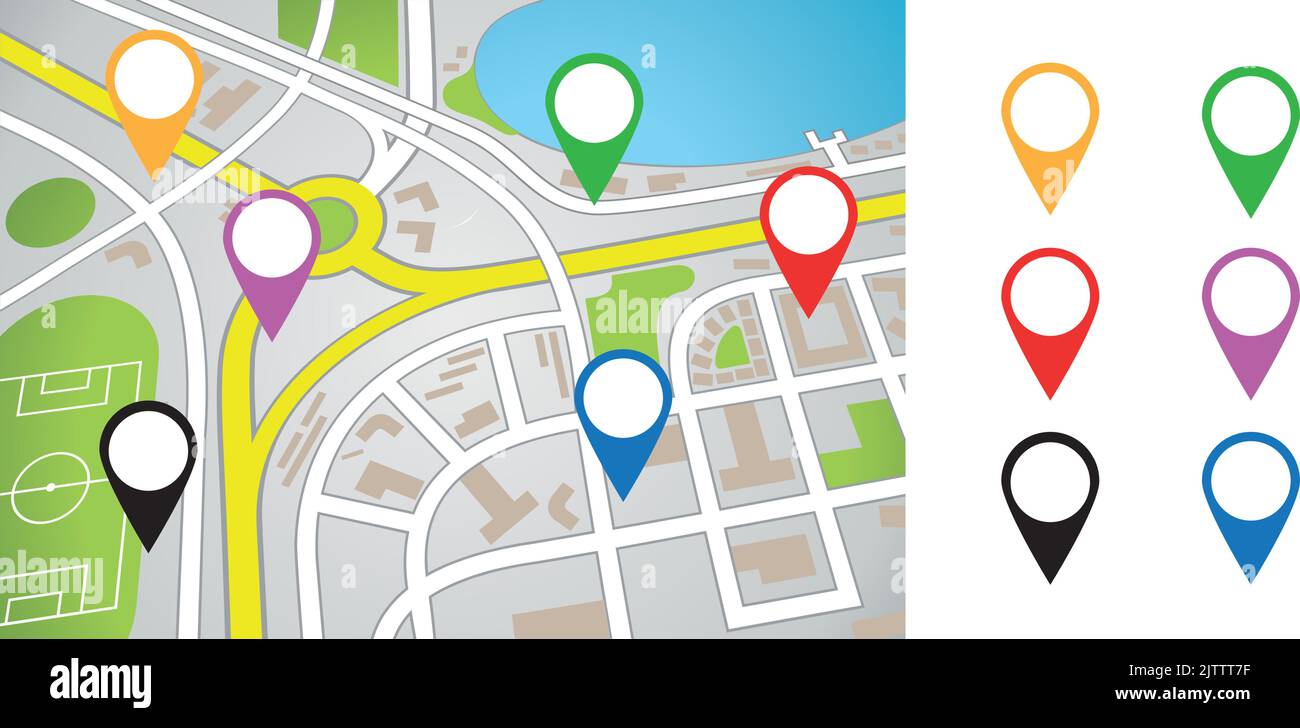 A bunch of colorful pins on a map for different locations Stock Vector ...
