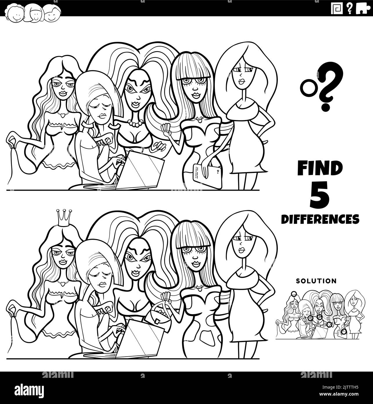 Black and white cartoon illustration of finding the differences between pictures educational ...