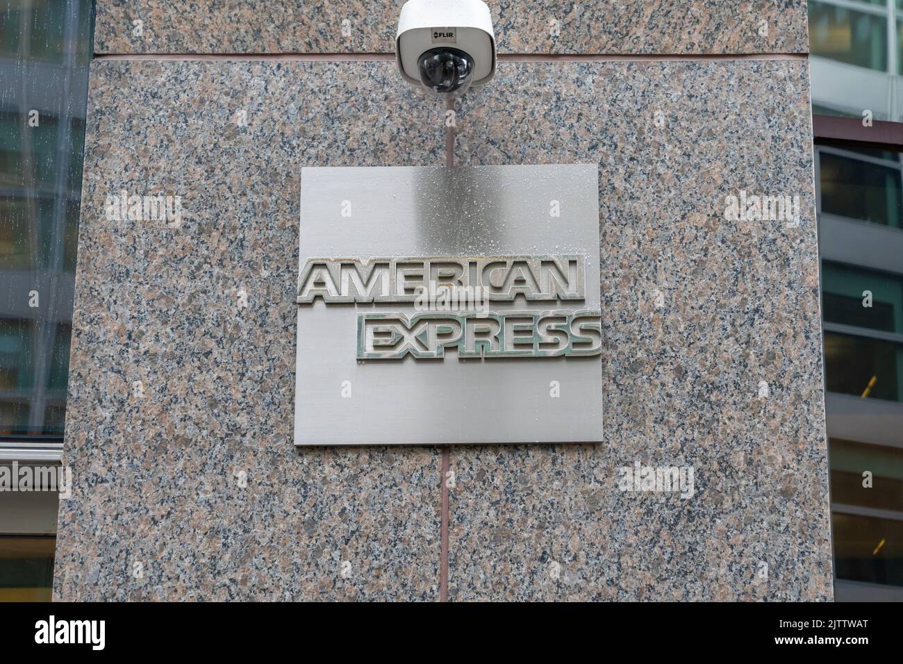 New York City, NY, USA - August 22, 2022: American Express sign at its ...