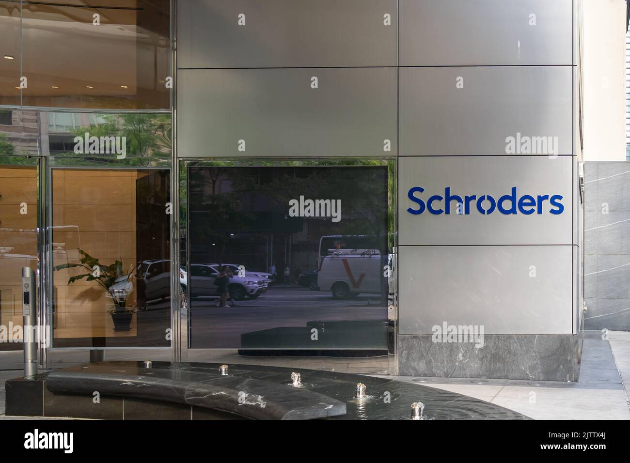 New York City, USA - August 17, 2022: The entrance to Schroders office ...