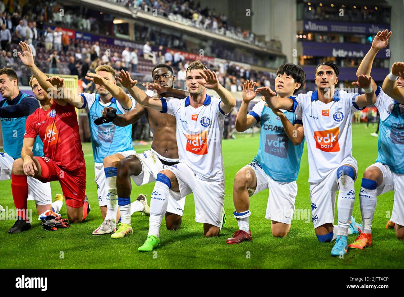 Gent's players celebrate after winning a soccer match between RSCA ...