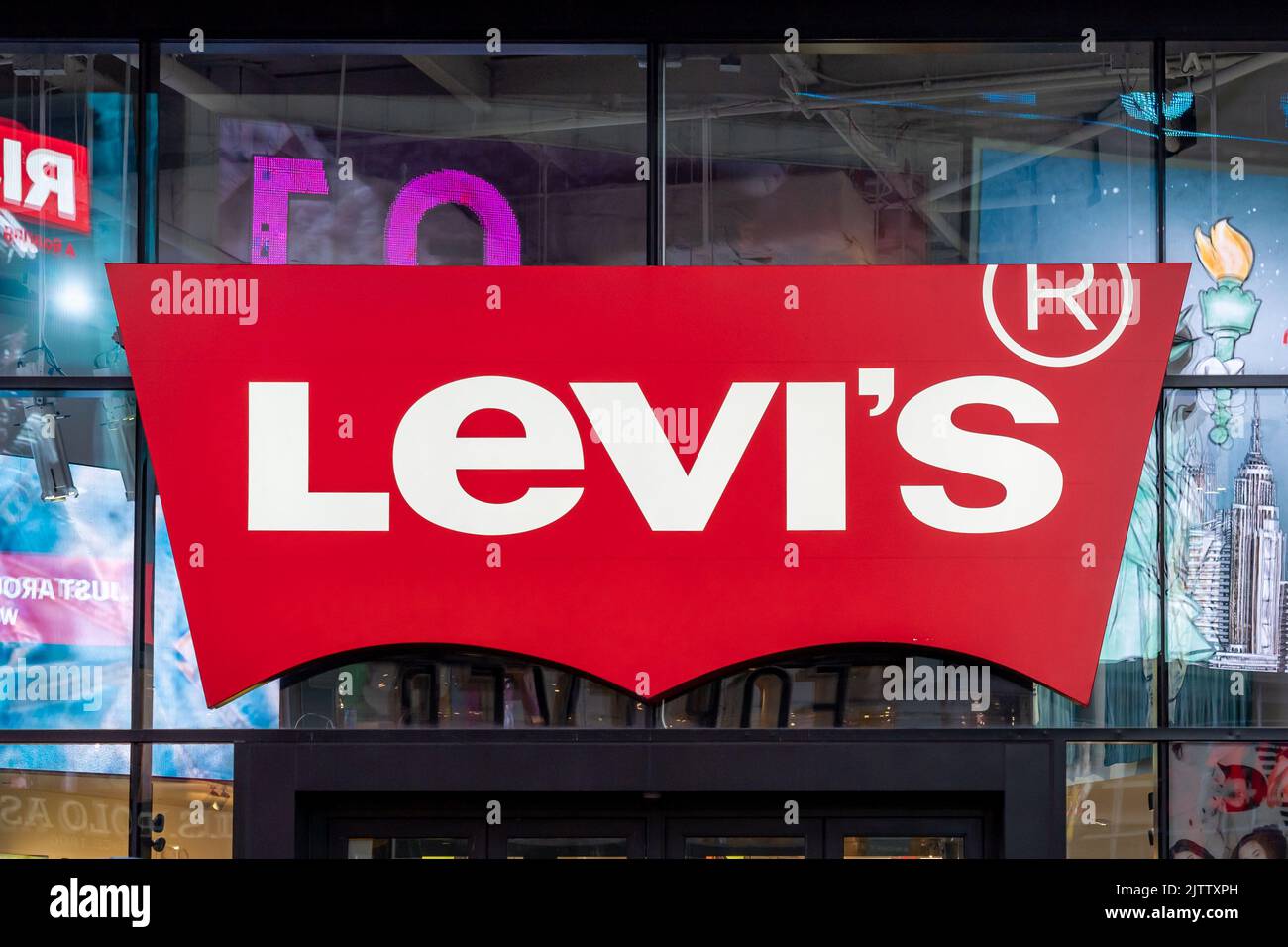 New York City, USA - August 18, 2022: A close up Levi store sign is ...