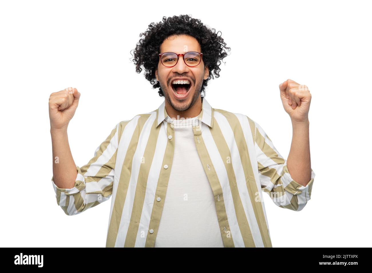 happy man in glasses celebrating victory Stock Photo - Alamy