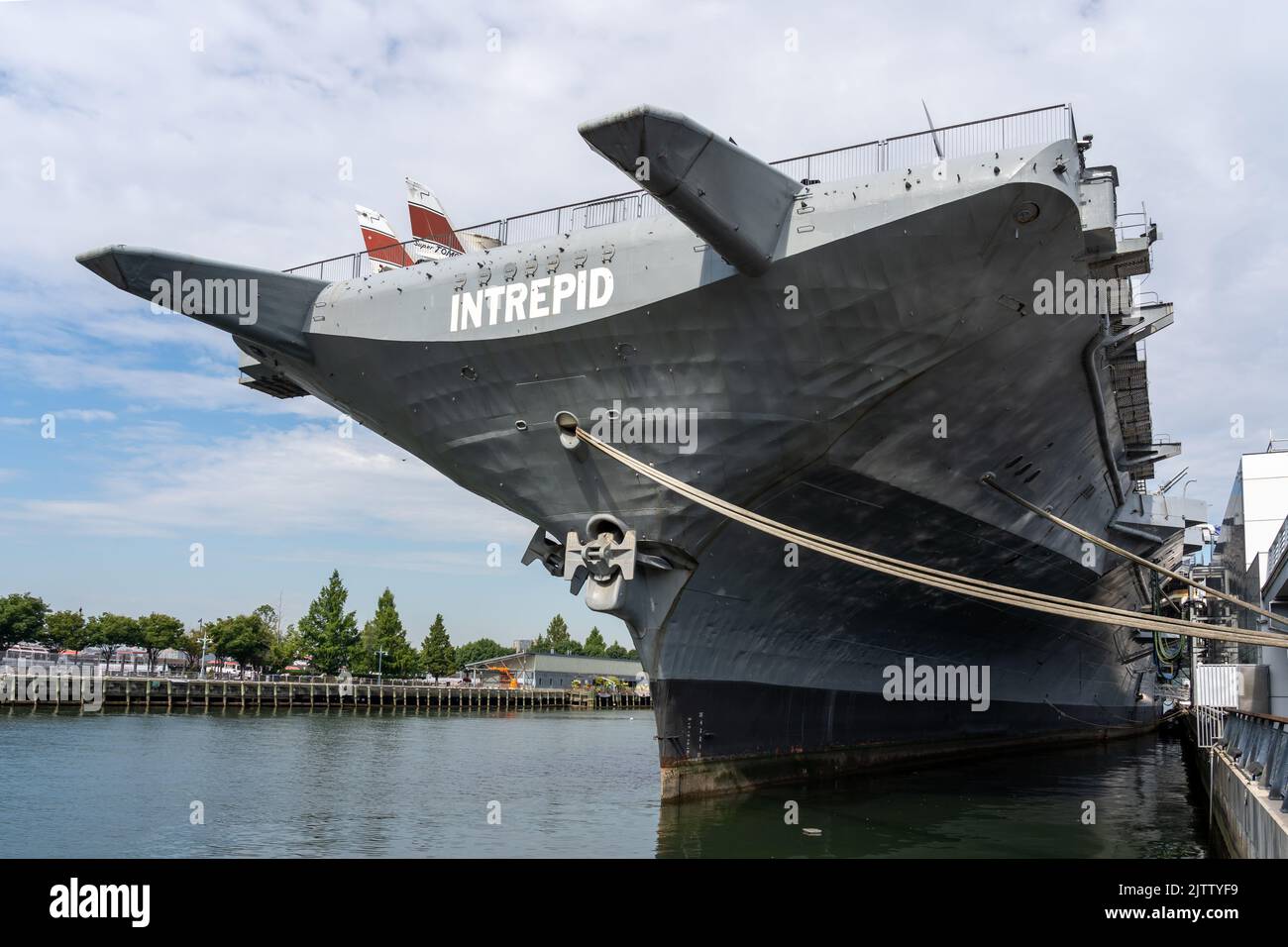 New York City, NY, USA - August 20, 2022: The Intrepid sign on the ship ...