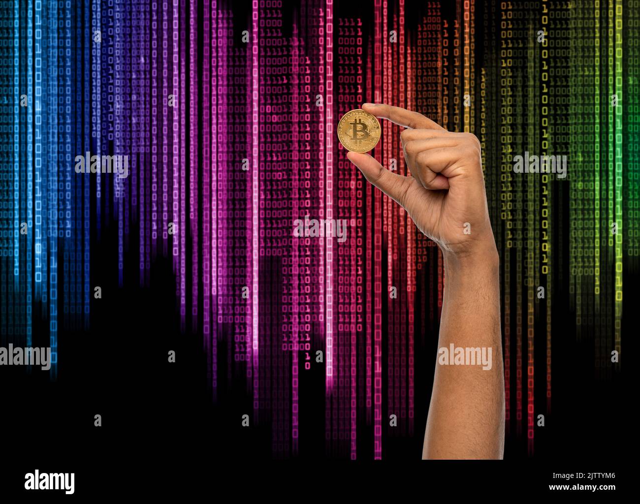 close up of hand with bitcoin over binary code Stock Photo - Alamy
