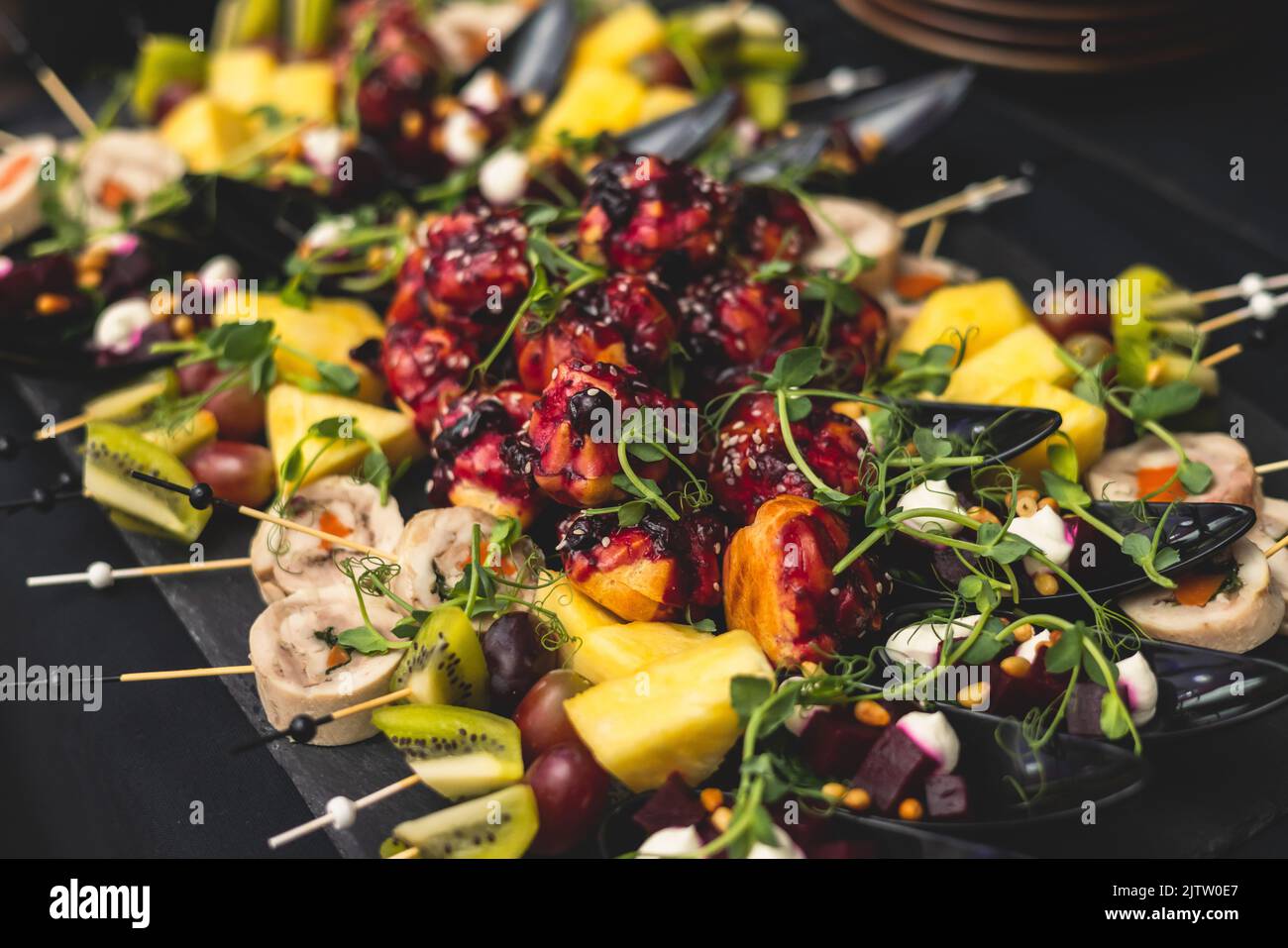 Luxury catering table, beautifully decorated banquet with variety of ...