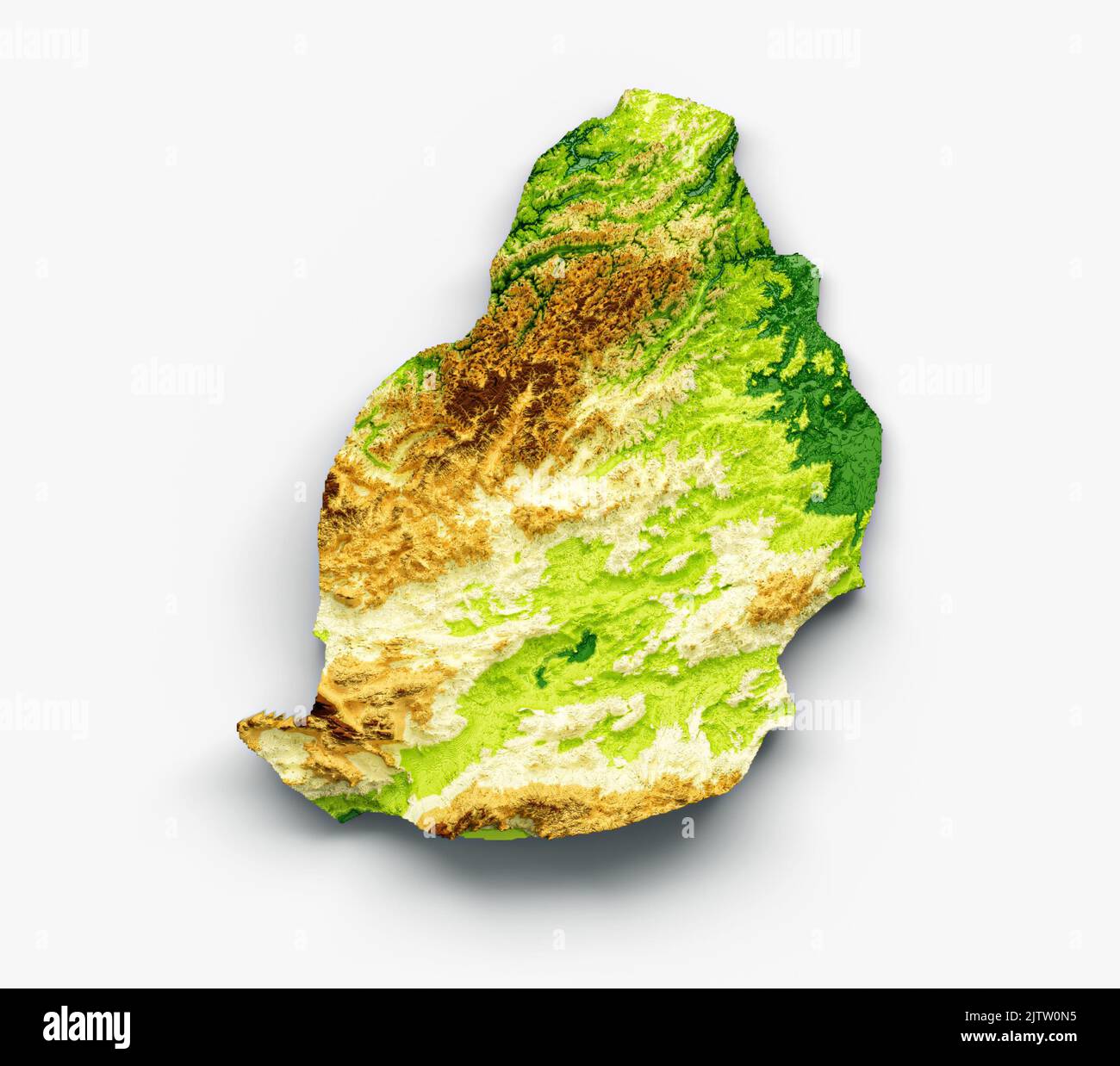 A 3d illustration of the Mauritius Map with shaded relief on white ...