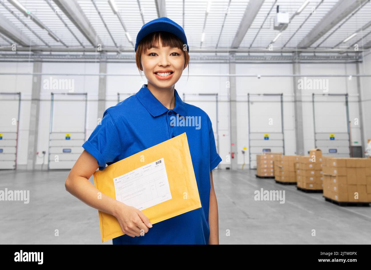 delivery woman with parcel envelope at warehouse Stock Photo - Alamy