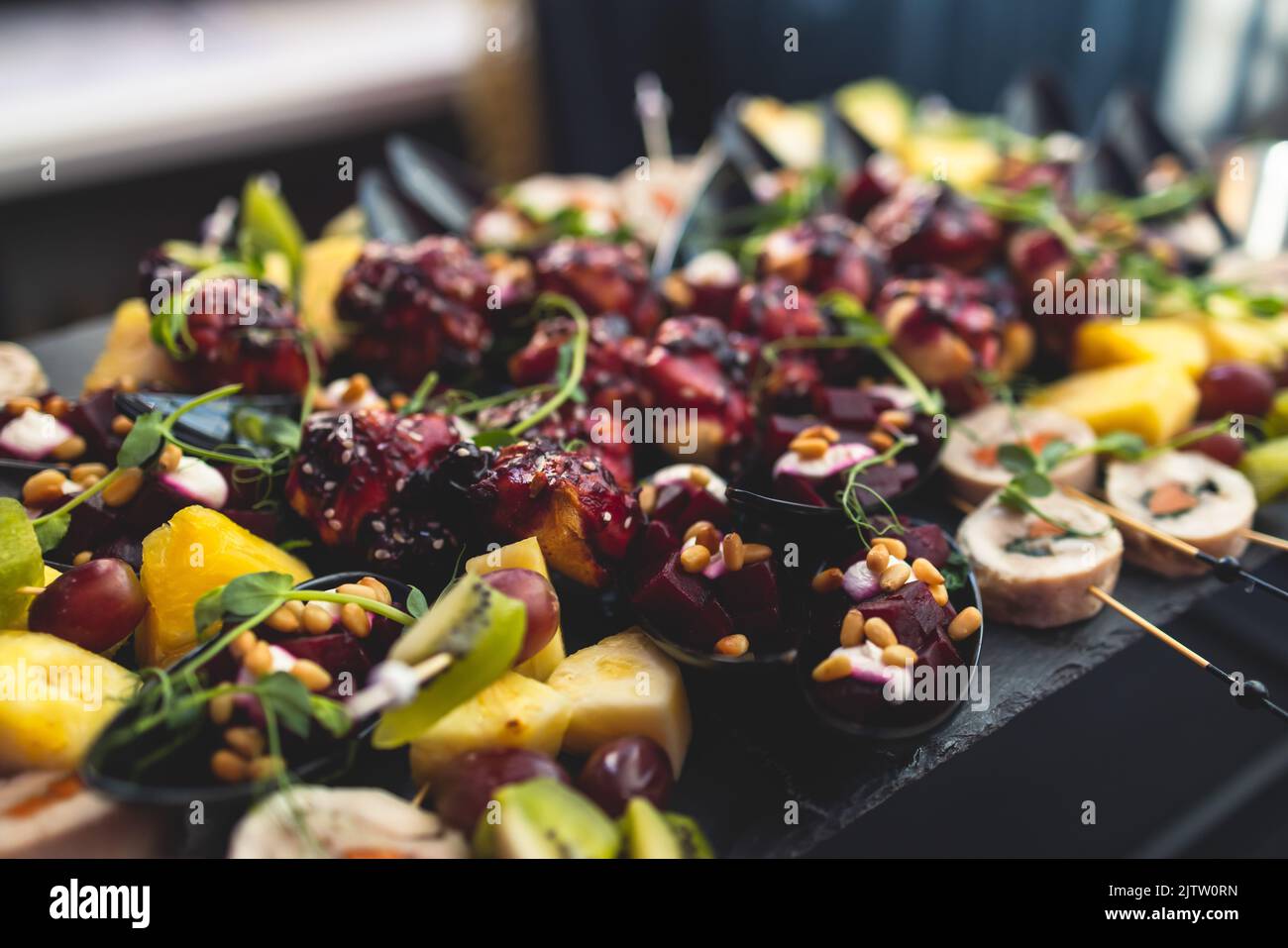 Luxury catering table, beautifully decorated banquet with variety of ...