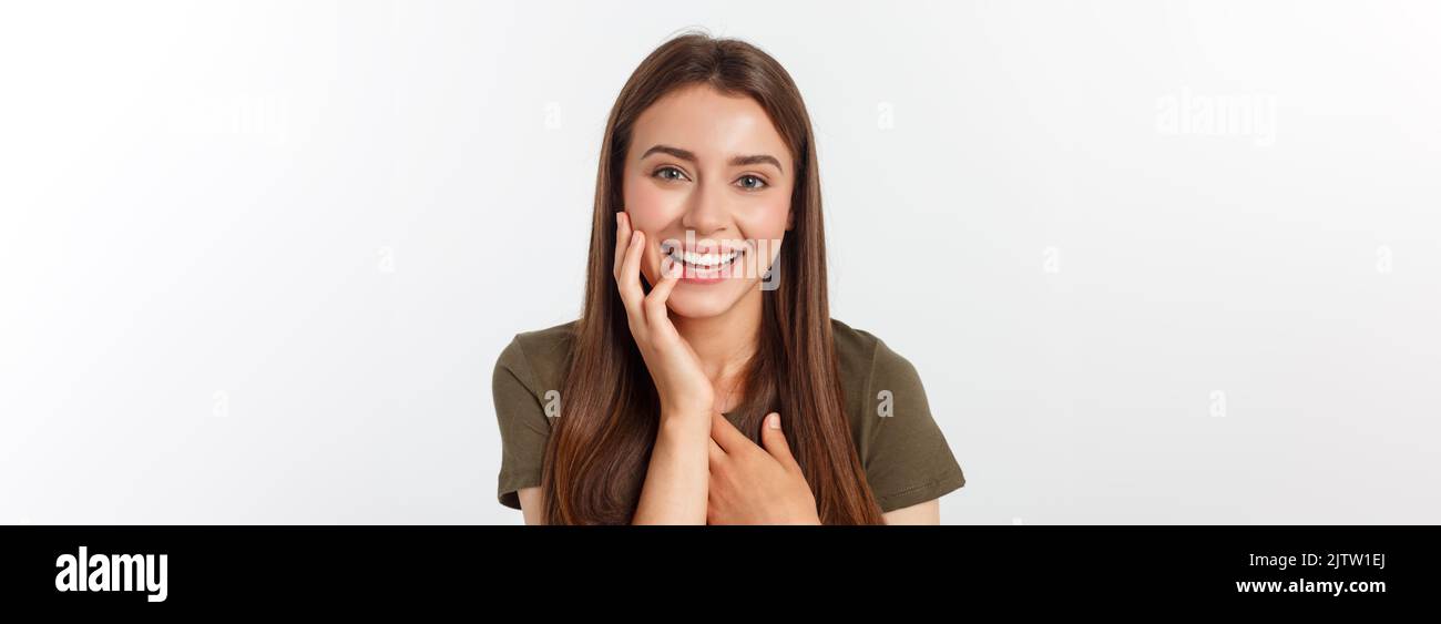 Portrait joyful outgoing woman likes laugh out loud not hiding emotions ...