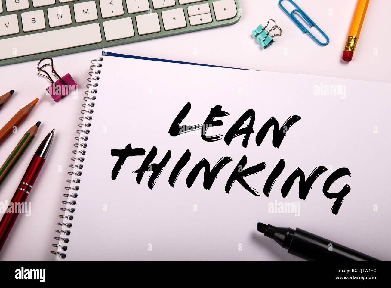 Lean Thinking. Note paper with text and computer keyboard on office ...