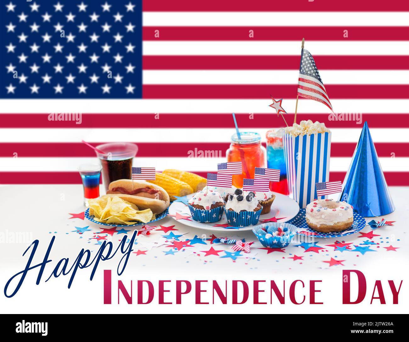 food and drinks on american independence day party Stock Photo - Alamy