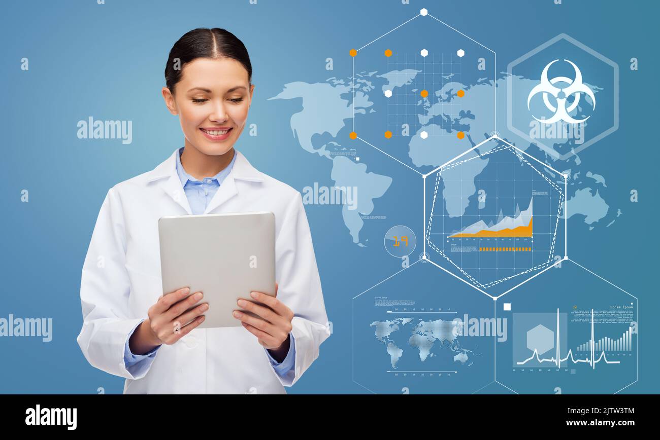 smiling female doctor with tablet pc over charts Stock Photo - Alamy