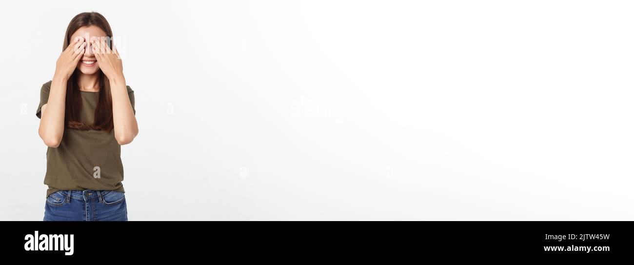 Close up photo beautiful lady arms hands raised hiding amazed full fear ...