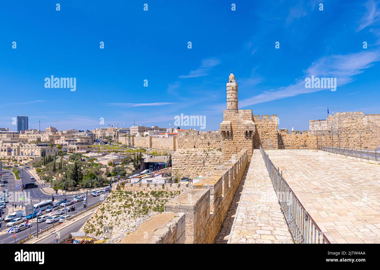 Jerusalem, Israel, scenic ramparts walk over walls of Old City with ...
