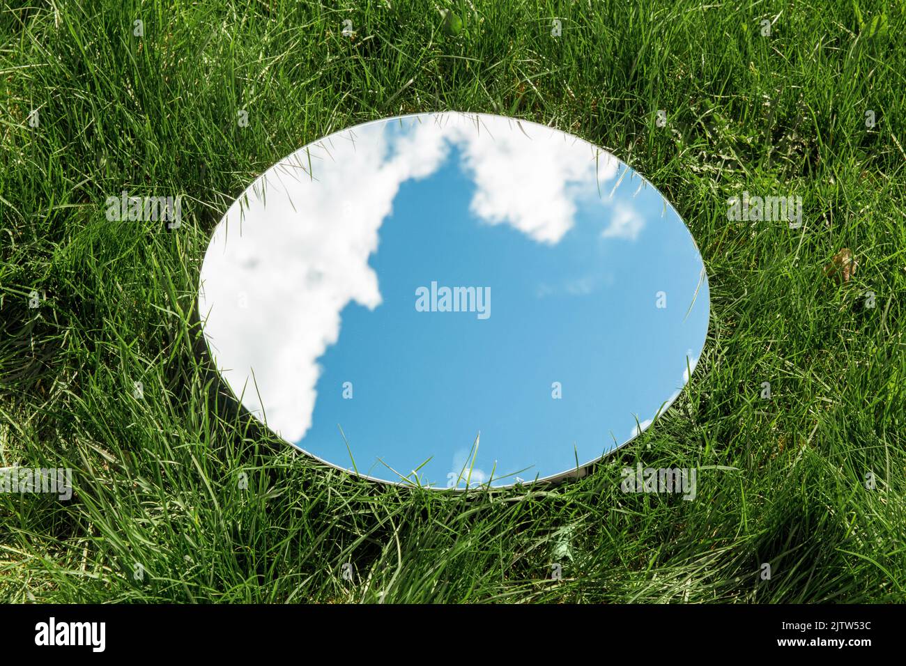 sky and cloud reflection in round mirror on grass Stock Photo - Alamy