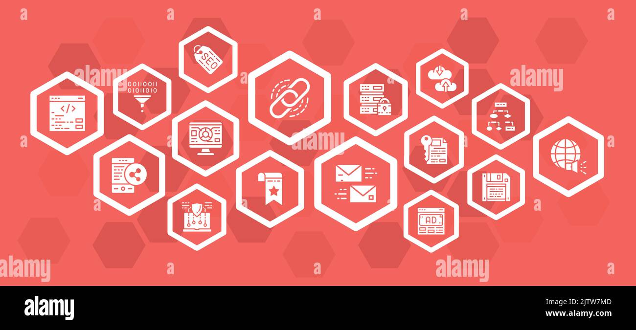 SEO infographic design template with white icons. Bookmark, Hosting ...