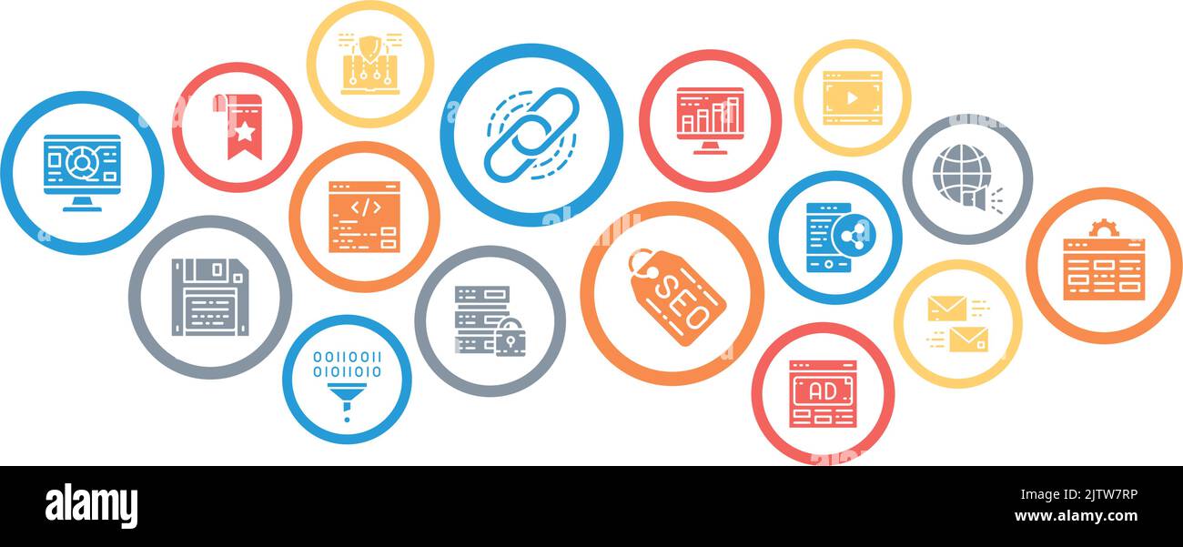 SEO business illustration. Bookmark, Hosting, Hyperlink, Advertisement ...