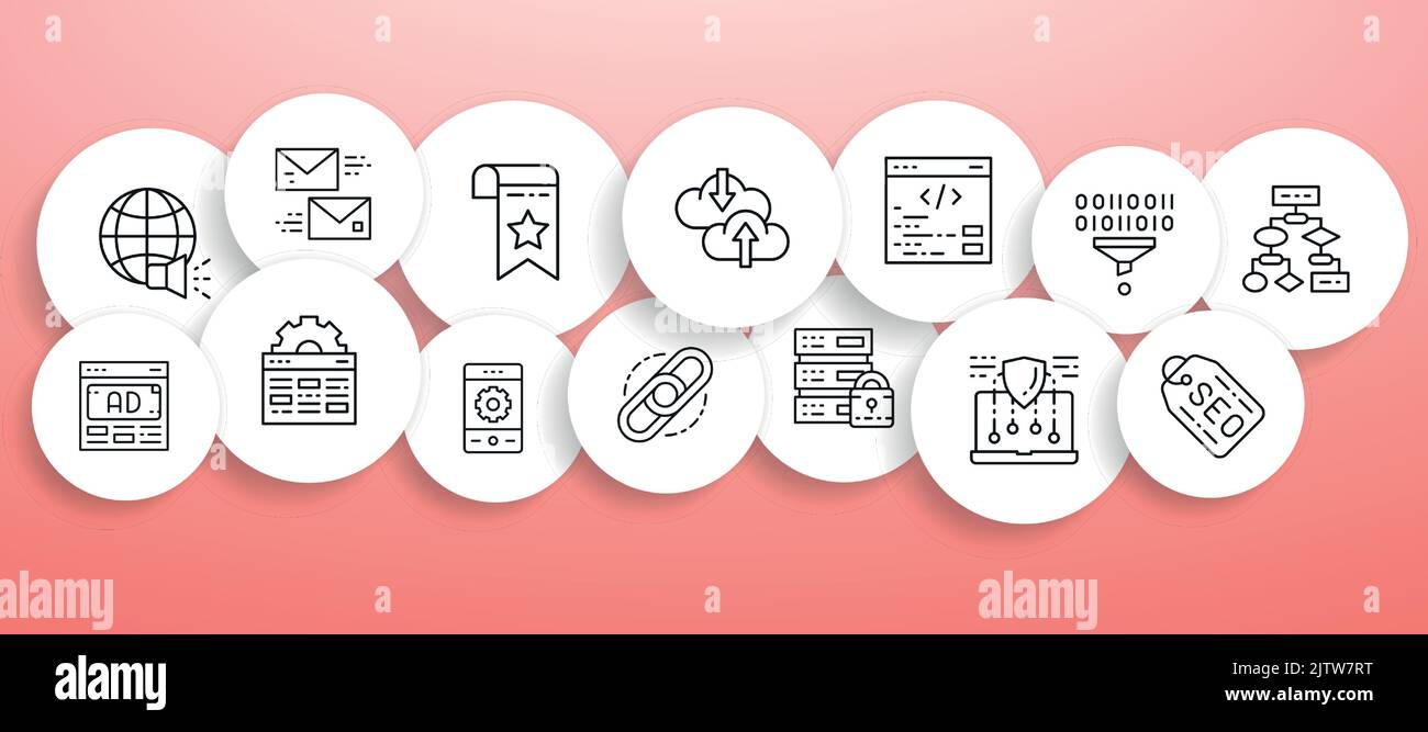 SEO banner with line icons. Bookmark, Hosting, Hyperlink, Advertisement ...