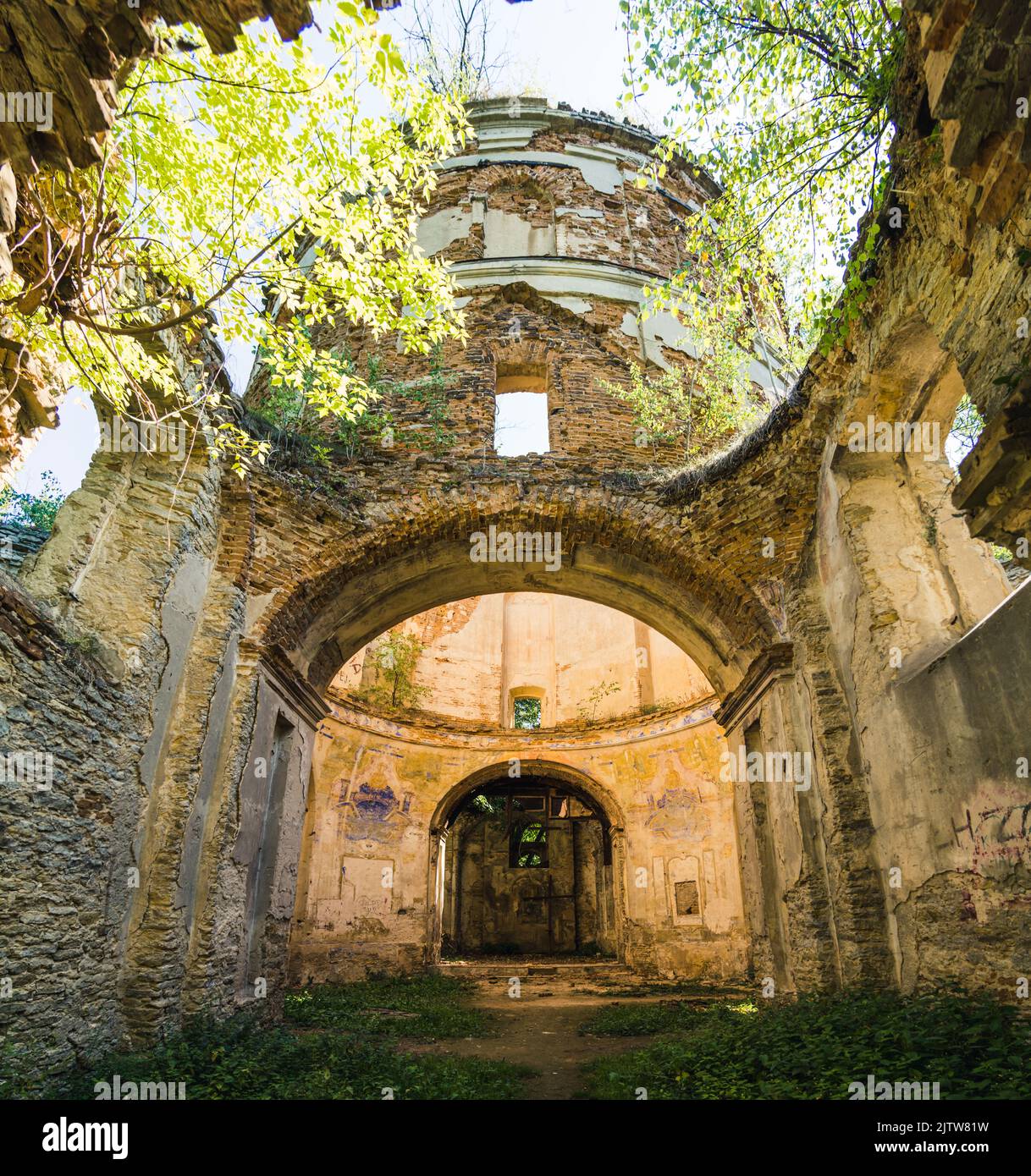 Damaged tower of abandoned church with exposed interior in Lubycza ...