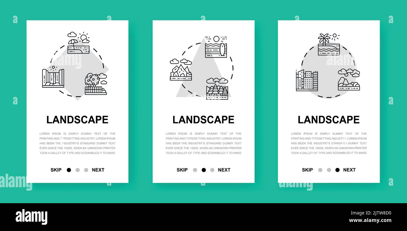 Landscape mobile app screens. Bridge, Forest, Garden, Volcano, Windmill ...