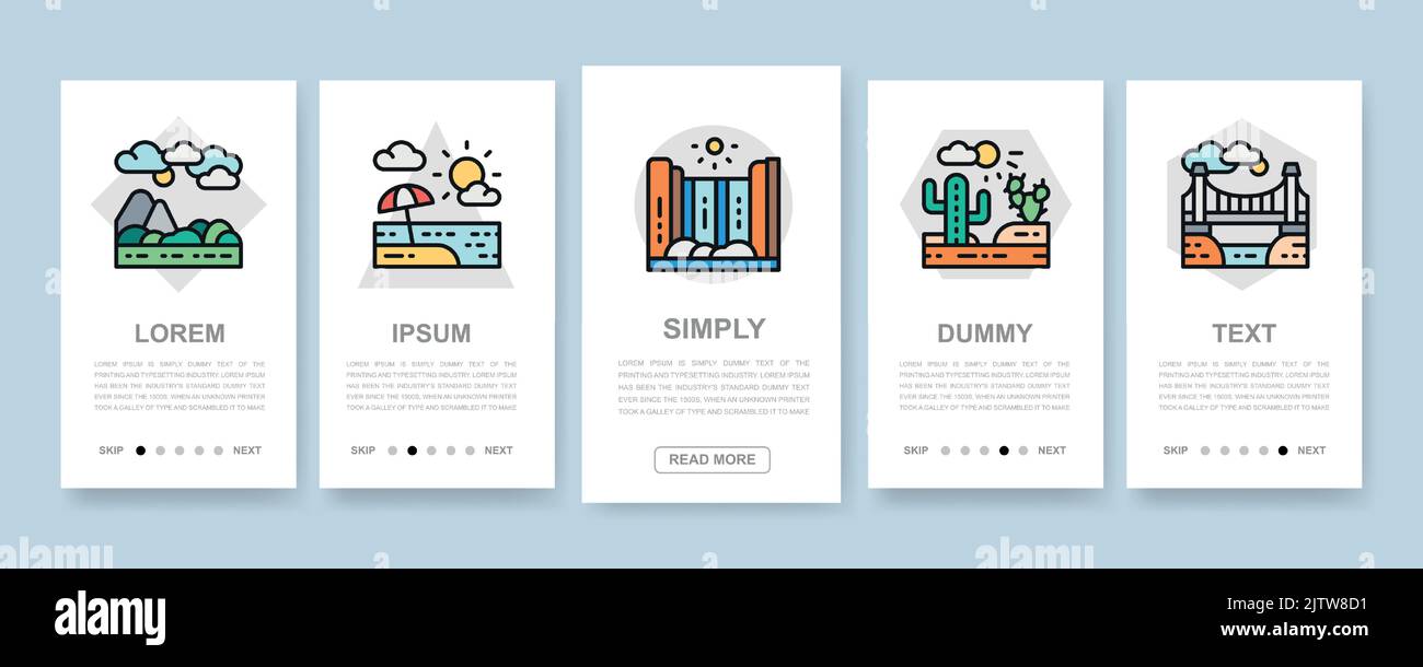 Landscape mobile app screens set. Bridge, Forest, Garden, Volcano ...