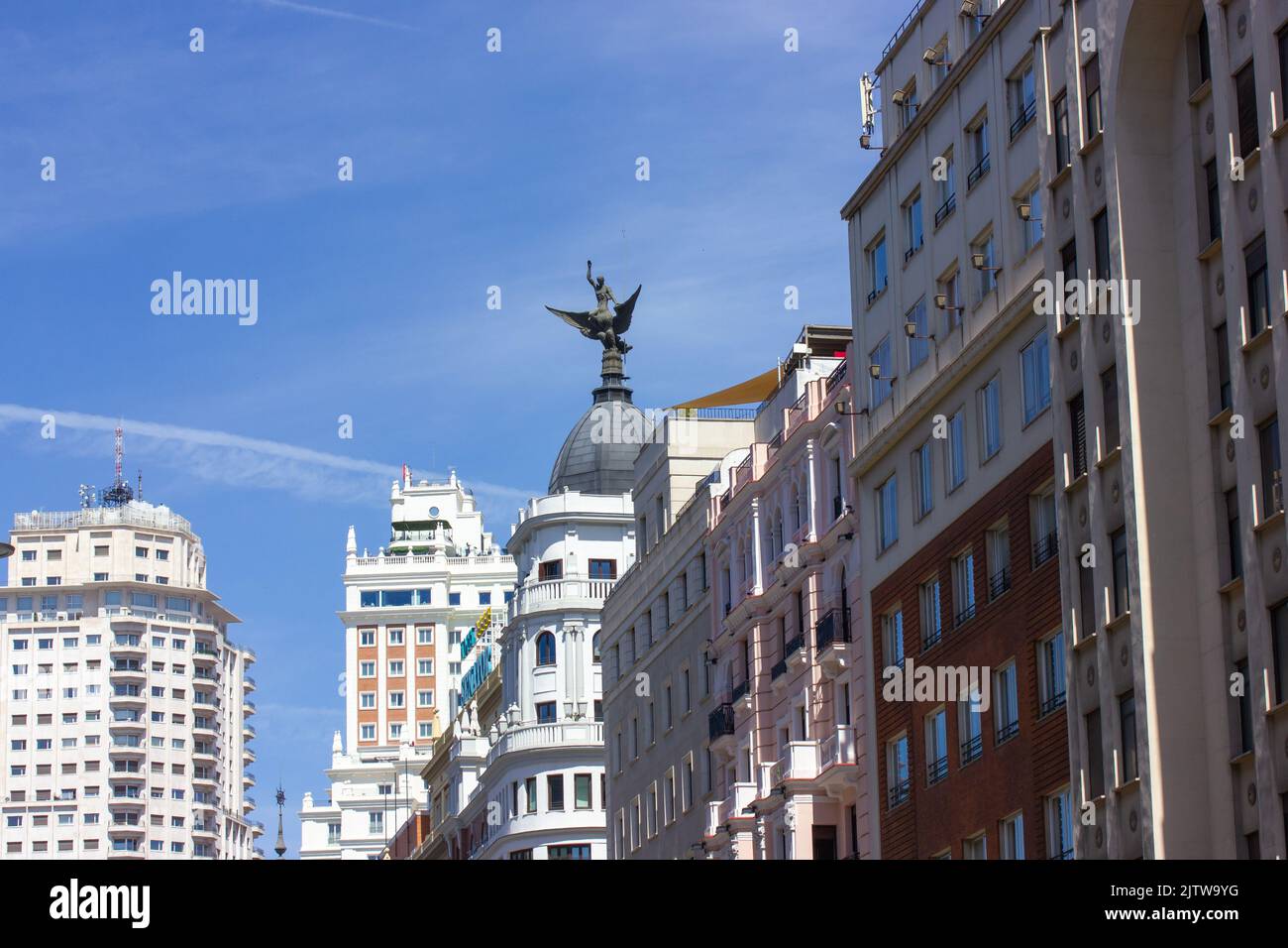 Madrid, Spain. August 1, 2022. Gran Via avenue city street architecture ...