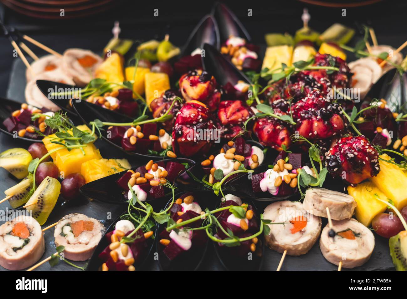 Luxury catering table, beautifully decorated banquet with variety of ...