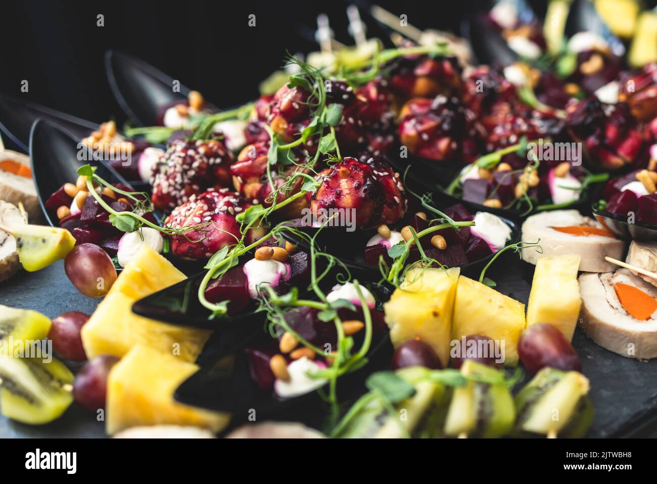 Luxury catering table, beautifully decorated banquet with variety of ...