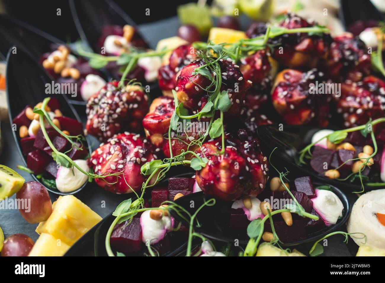 Luxury catering table, beautifully decorated banquet with variety of ...