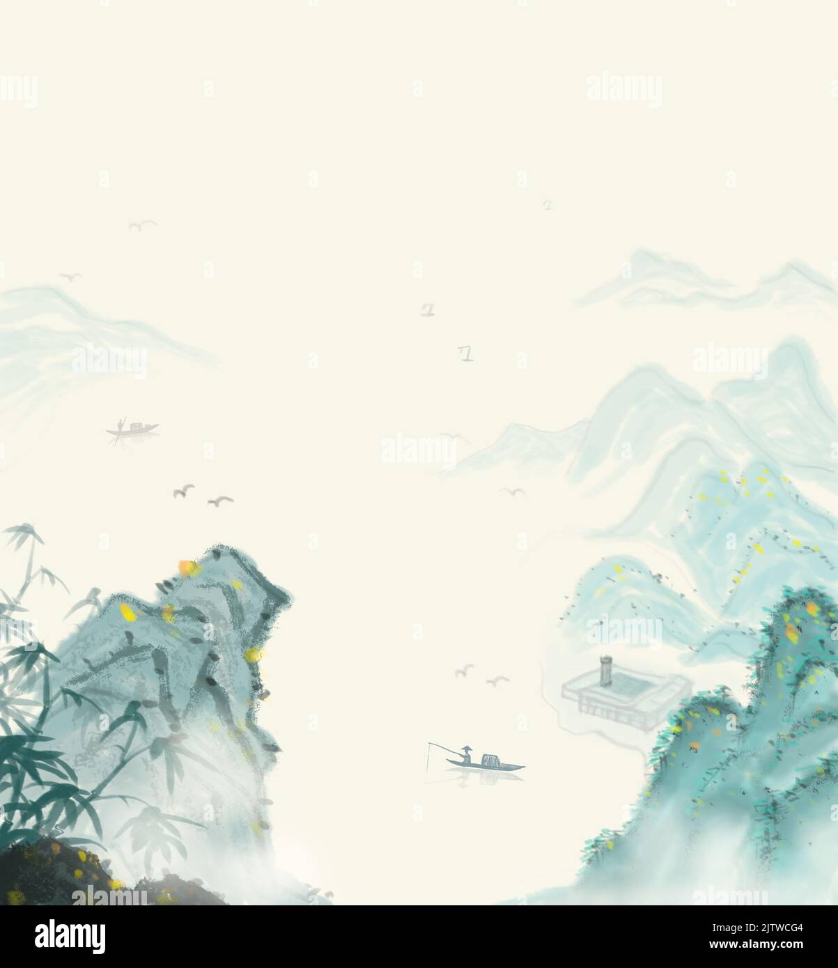 Bamboo mountains and rivers Chinese style ink illustration Stock Photo ...