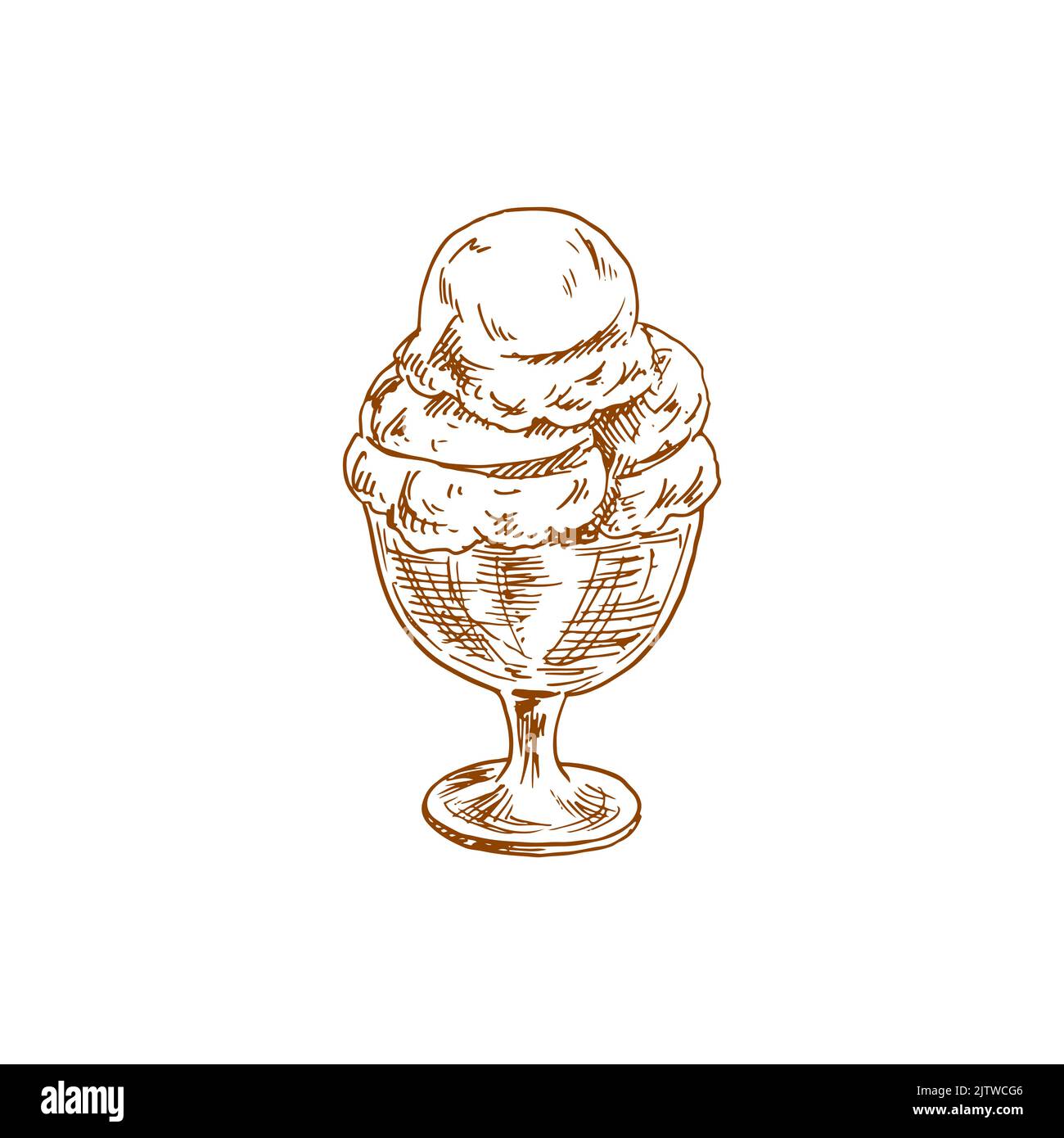 Sketch ice cream balls in glass bowl. Vector sweet creamy dessert brown retro engraved drawing ...