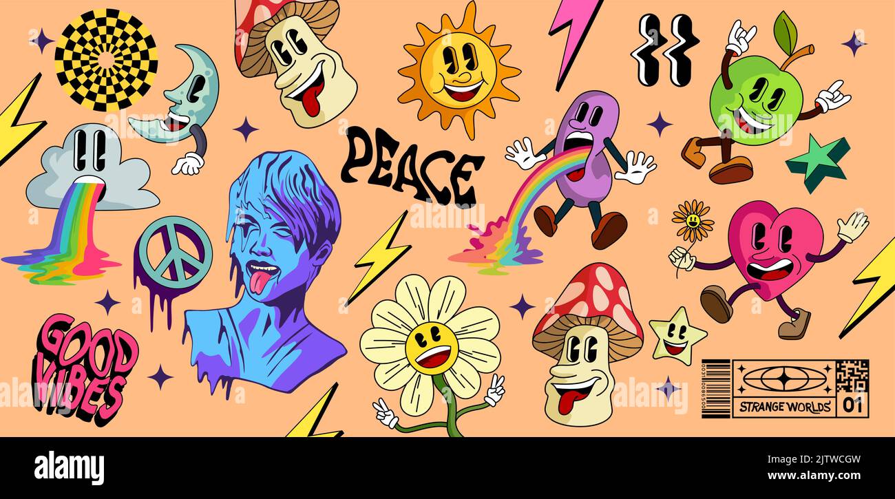 Psychedelic Acid cartoon characters and elements collection. Vector ...