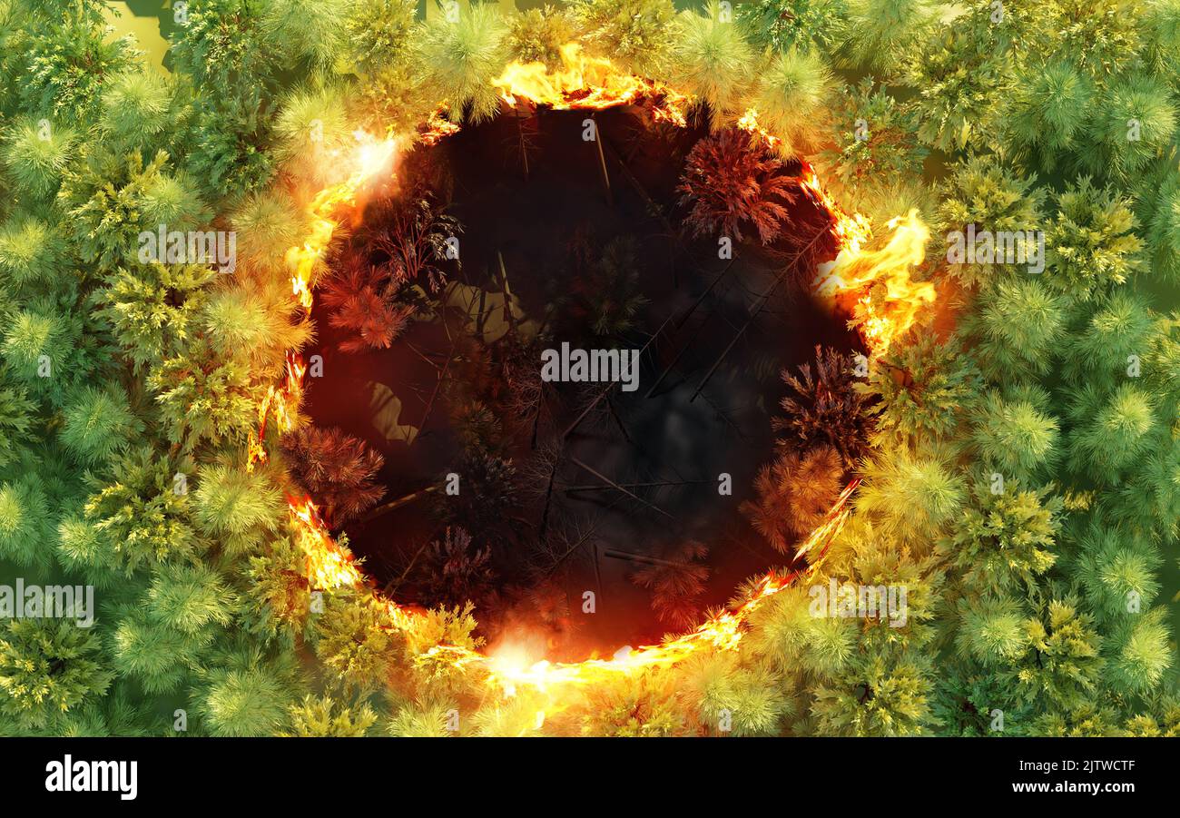 An aerial top view of a forest fire spreading out in a circle. Climate ...