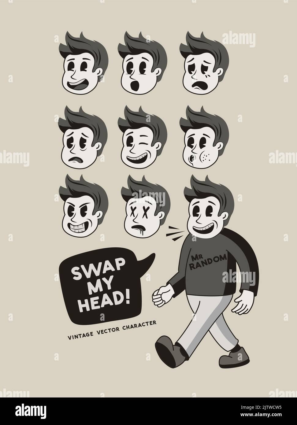 A vintage male mascot character with various faces and expressions ...