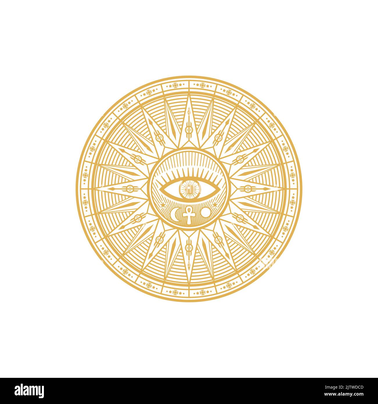 Tarot magic symbol, eye, star and moon, sun and ankh cross round ethnic ...