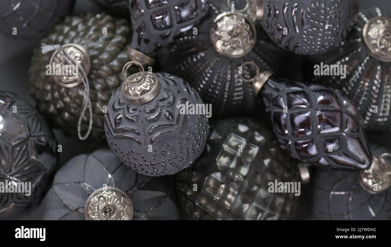 Christmas balls texture.Festive background in dark gray tones ...