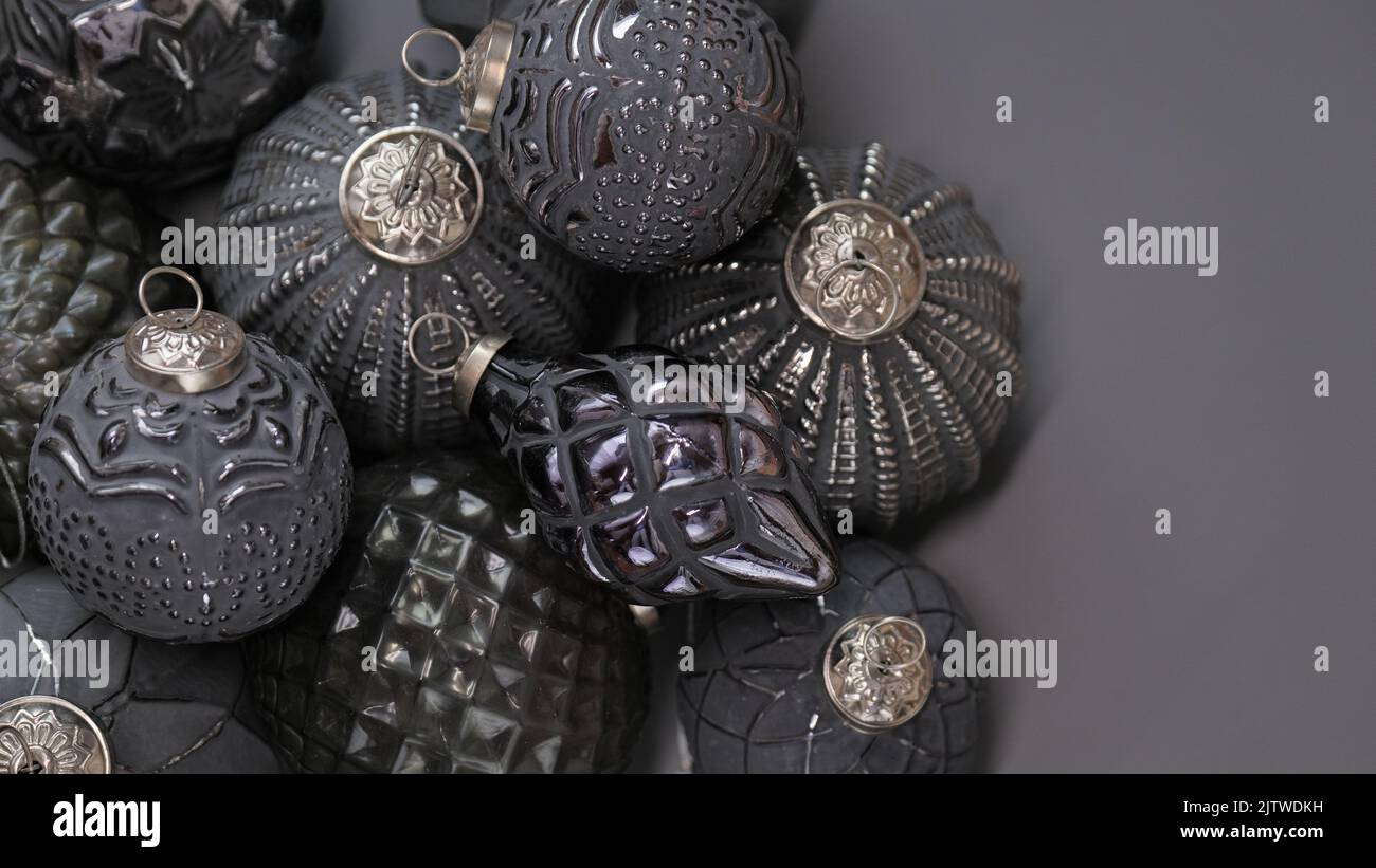 Christmas balls background.Gray Christmas decorations texture.Festive ...