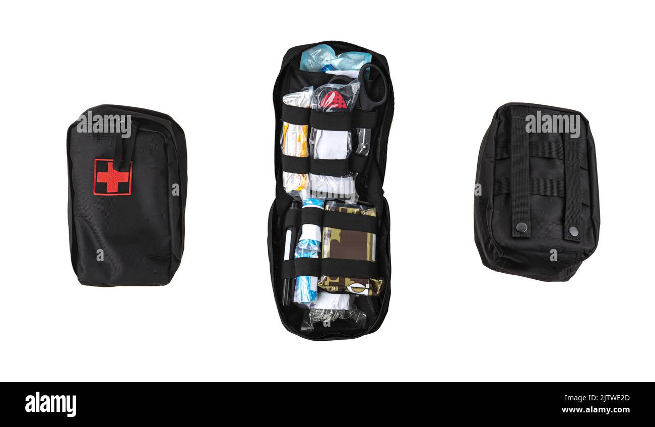 Modern military field first aid kit. A soft zippered bag with a medical ...