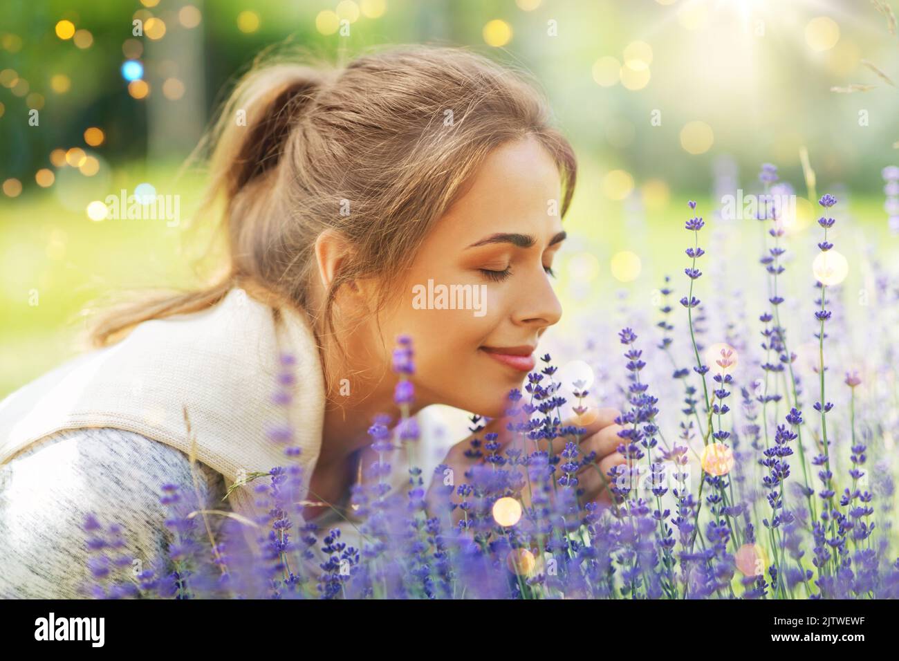 Woman smelling lavender garden hi-res stock photography and images - Alamy