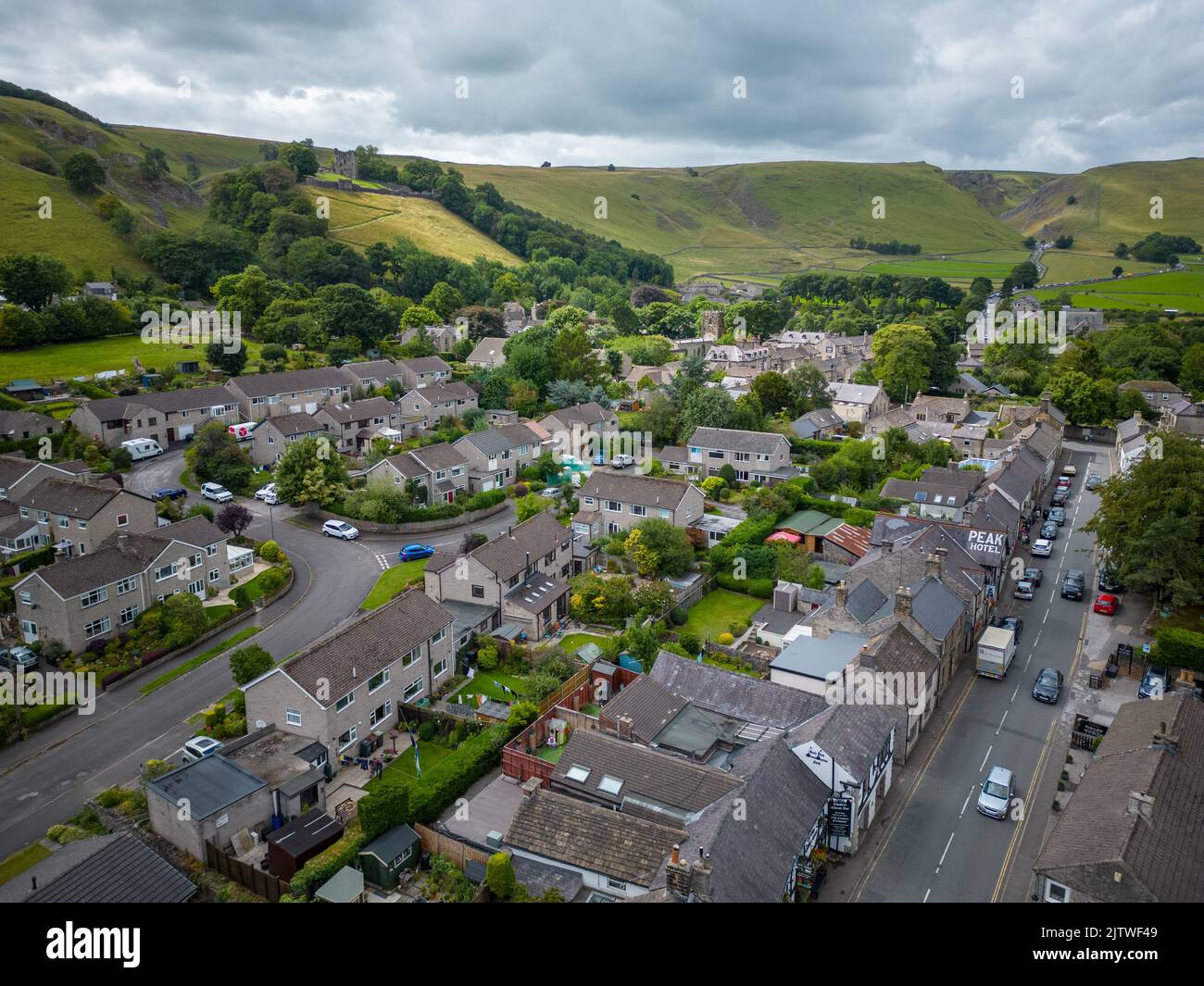 Aerial view over the city of Castleton in the Peak District Stock Photo ...